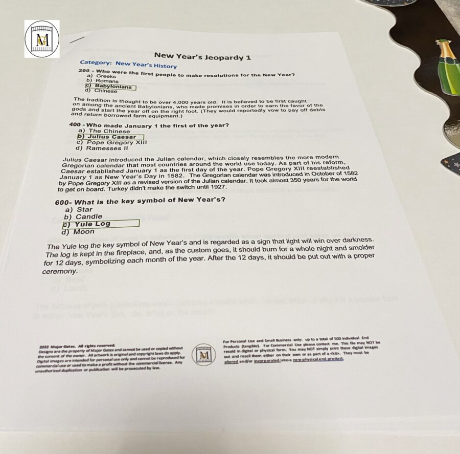 New Years Jeopardy Game · Major Gates