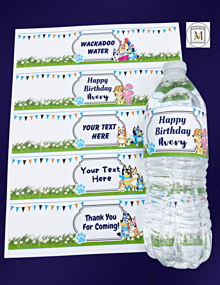 Bluey Birthday Party Water Bottle EDITABLE Label Download · Major Gates