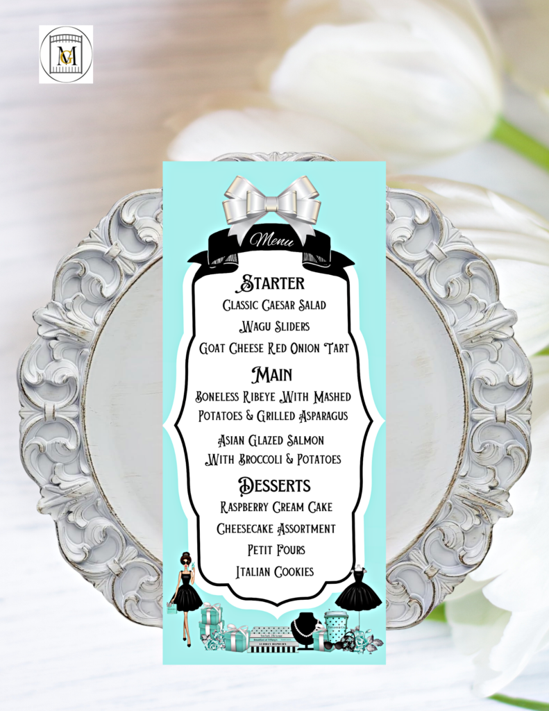 Tiffany Blue Party EDITABLE Menu Download · Major Gates